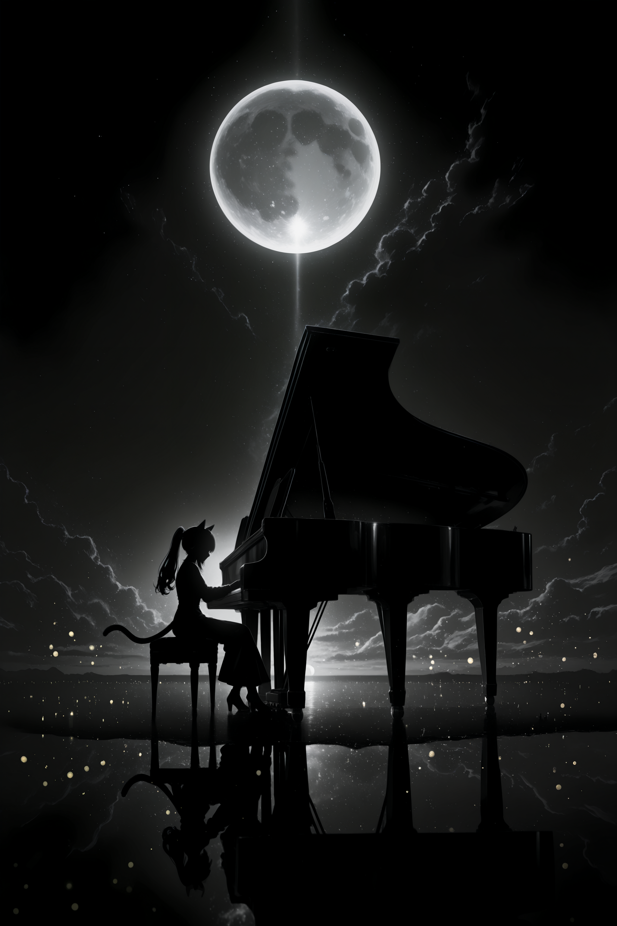 月下孤影抚琴，猫耳少女悬崖独奏 - 魔库